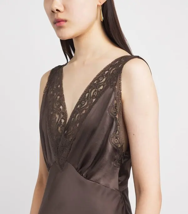 Sandro Satin Lace-trim V-neck Maxi Dress - Brown