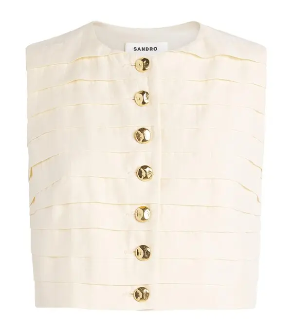Sandro Cotton-blend Sleeveless Crop Top With Pleated Detail And Button Placket - Beige