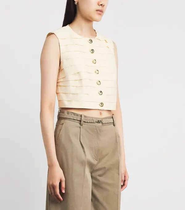 Sandro Cotton-blend Sleeveless Crop Top With Pleated Detail And Button Placket