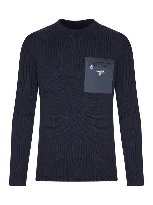 Prada Wool Sweater With Re-nylon Pocket - Blue