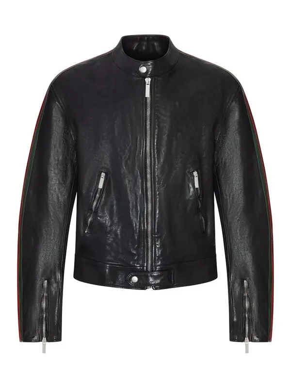Gucci Buffalo Leather Bomber Jacket With Webbing - Black