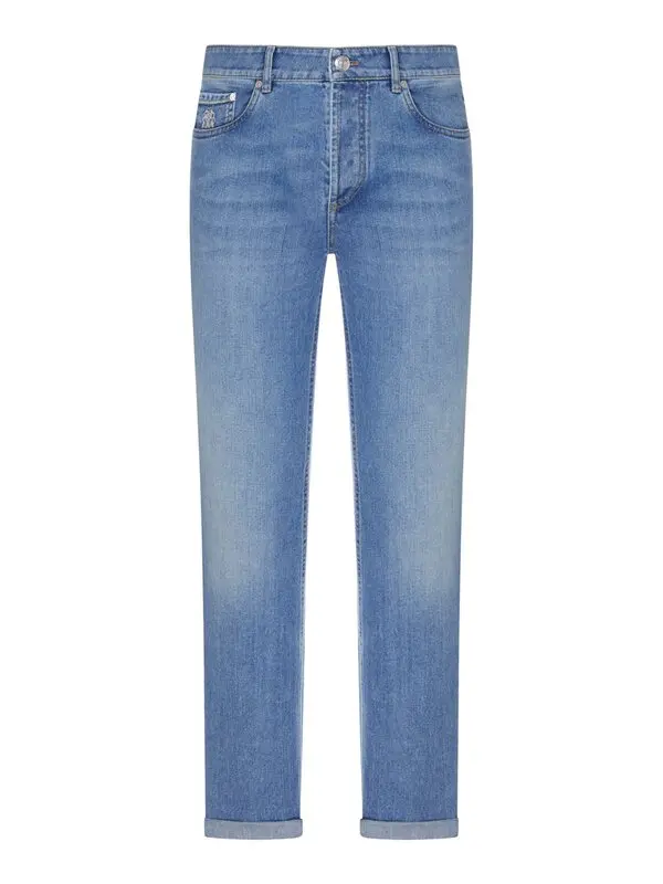 Brunello Cucinelli Medium Wash Distressed Cotton Denim Jeans - Blue