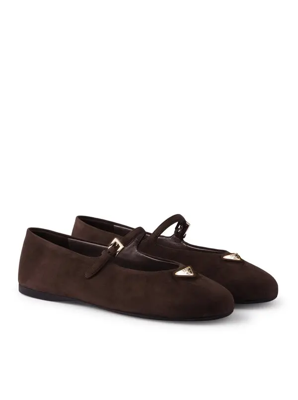 Prada Suede Ballerinas With Logo Buckle - Brown