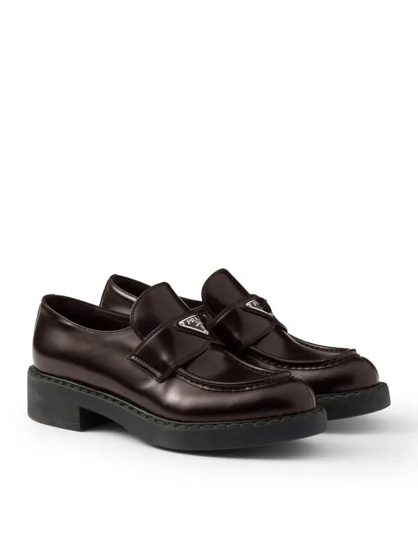 Prada Brushed Leather Loafers With Enameled Triangle Logo