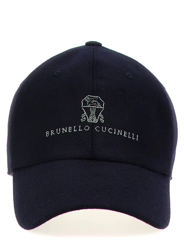 Brunello Cucinelli Wool Cap With Embroidered Logo - Blue