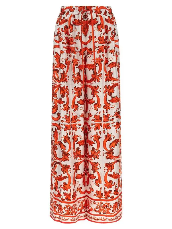 Dolce & Gabbana Silk Twill 'maiolica' Print Wide Leg Pants - Orange