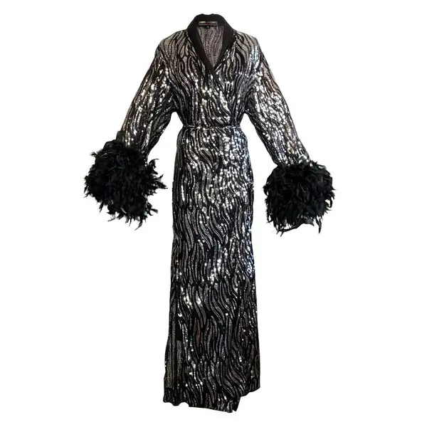 JENNAFER GRACE Marlene Sequin Embellished Wrap Maxi Dress With Feathered Cuffs