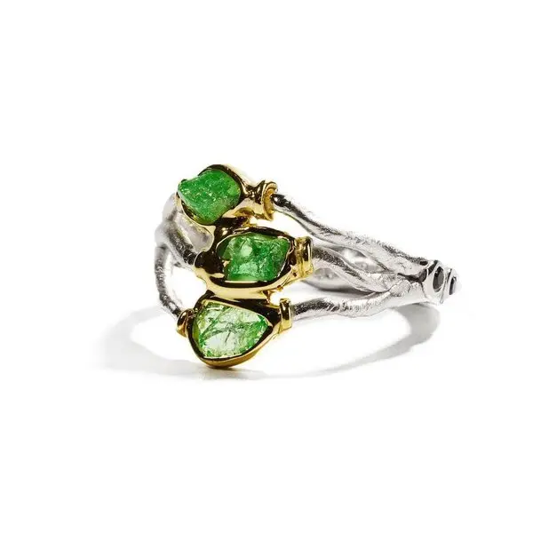 GERMAN KABIRSKI Vogg Handcrafted Silver Ring With Raw Tsavorite And Black Spinel - Green