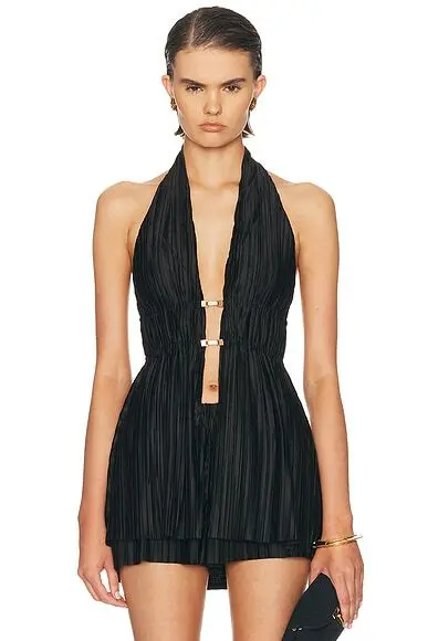 Cult Gaia Halter Neck Plissé Top With Gold-tone Clasp