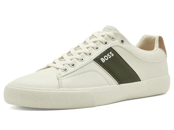 BOSS Aiden Logo Block Leather Low Top Sneakers Shoes Medium Gray - White