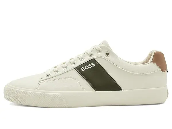 BOSS Aiden Logo Block Leather Low Top Sneakers Shoes Medium Gray - White