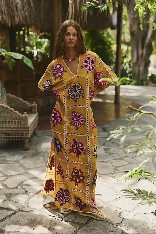 Free People Embroidered Kaftan Top - Orange