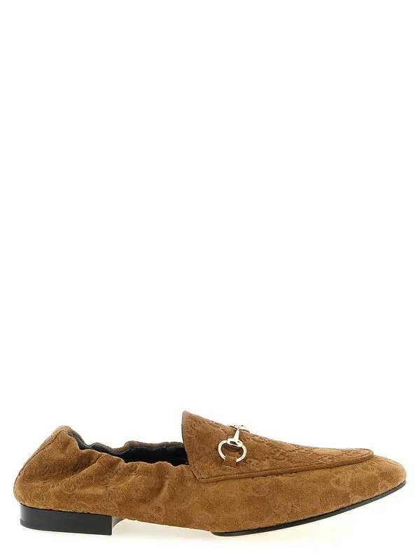 Gucci Gg Embossed Suede Loafers With Metal Clamp - Brown