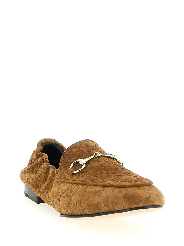 Gucci Gg Embossed Suede Loafers With Metal Clamp - Brown