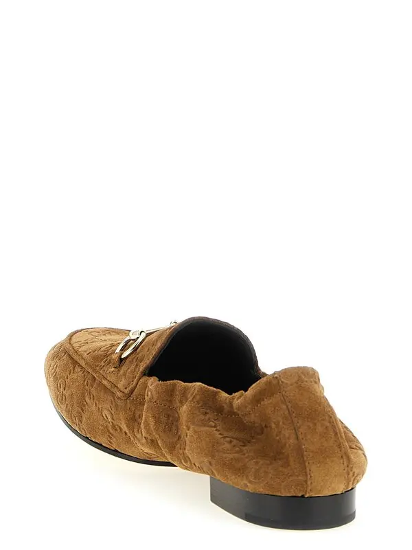 Gucci Gg Embossed Suede Loafers With Metal Clamp - Brown