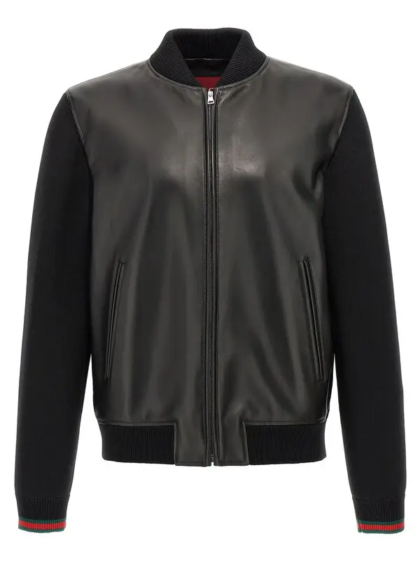Gucci Bimaterial Nappa And Knitted Bomber Jacket - Black