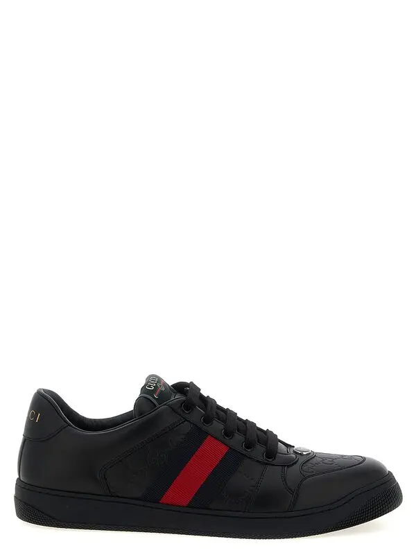 Gucci Screener Leather Sneakers With Embossed Gg Detail - Black