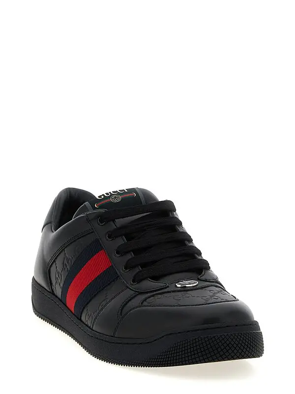 Gucci Screener Leather Sneakers With Embossed Gg Detail - Black