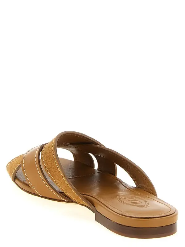TOD'S Suede Leather Sandals With Contrast Stitching - Cream
