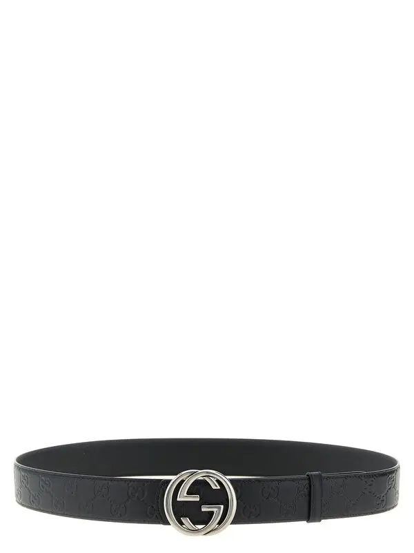 Gucci Reversible Gg Embossed Leather Belt With Incrocio Gg Buckle - Black