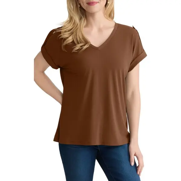 Jones New York Extended Shoulder Roll Tab Cuff V-neck T-shirt - Maple Spice
