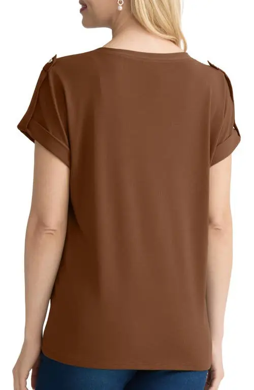 Jones New York Extended Shoulder Roll Tab Cuff V-neck T-shirt - Maple Spice