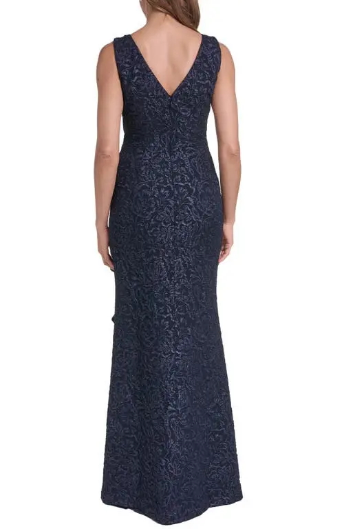Eliza J Metallic Floral Jacquard Cascade Ruffle Gown