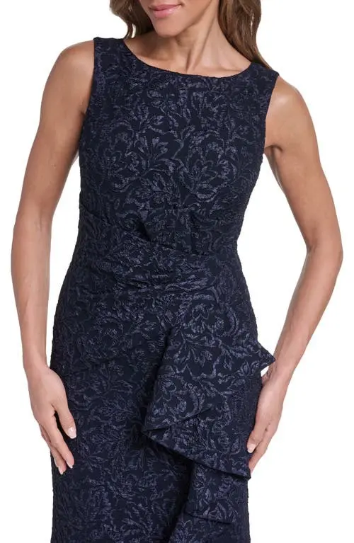Eliza J Metallic Floral Jacquard Cascade Ruffle Gown