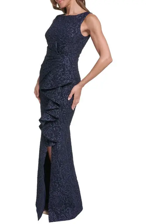 Eliza J Metallic Floral Jacquard Cascade Ruffle Gown