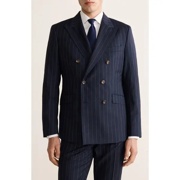 Mango Venice Slim Fit Pinstripe Double Breasted Wool Jacket