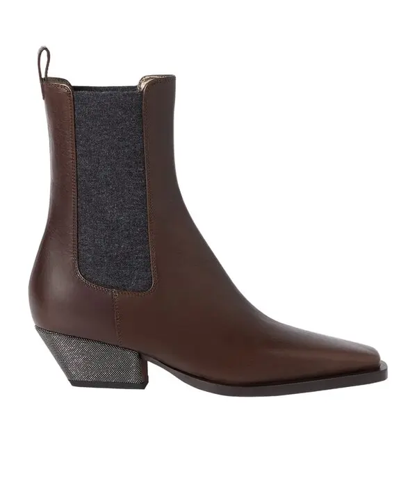 Brunello Cucinelli Riding Calfskin Chelsea Boots With Precious Heels - Cocoa