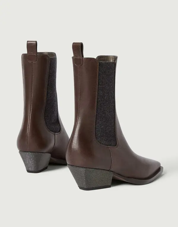 Brunello Cucinelli Riding Calfskin Chelsea Boots With Precious Heels - Cocoa