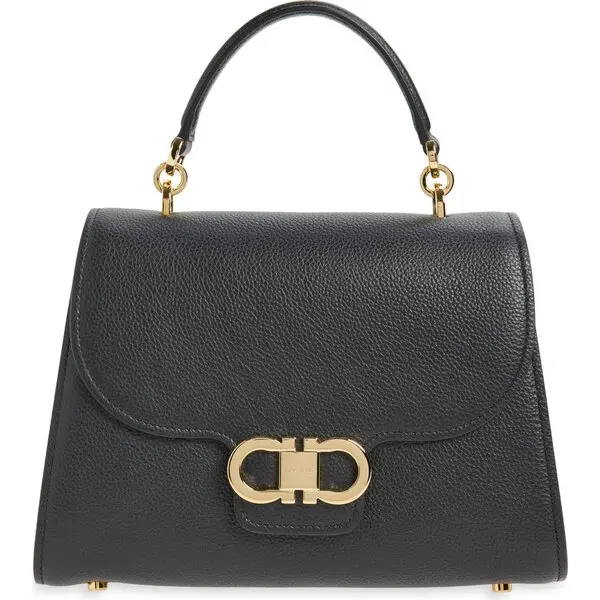 FERRAGAMO Medium Double Gancini Leather Top Handle Bag - Nero