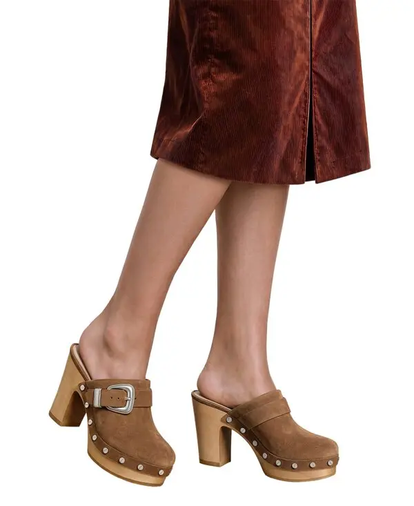 Veronica Beard Larken Studded Platform Clogs - Chestnut Suede