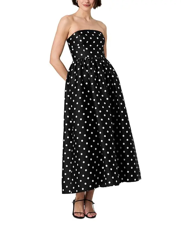 French Connection Aria Structured Taffeta Polka Dot Strapless Midi Dress - Black/summer