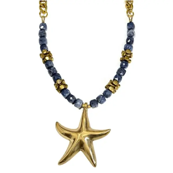 RACHEL NATHAN Blue Sponge Coral & Starfish Pendant Necklace - Blue/gold