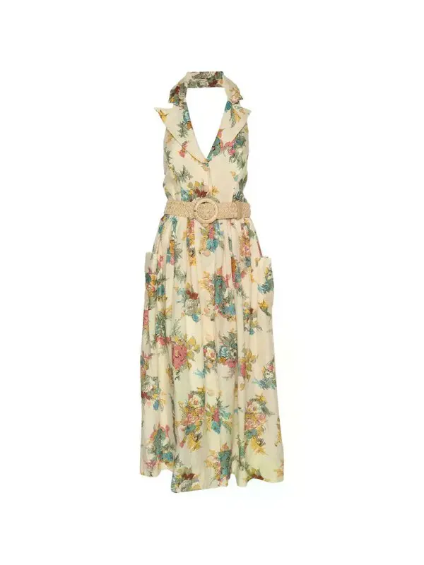 Zimmermann Linen Floral-print Halterneck Midi Dress - Neutrals