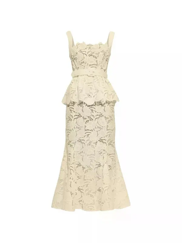 SELF-PORTRAIT Belted Peplum Lace Midi Dress - Yellow