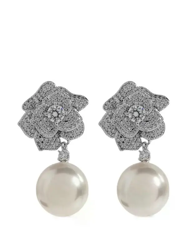 SELF-PORTRAIT Crystal Embellished Pearl Drop Earrings - Silver
