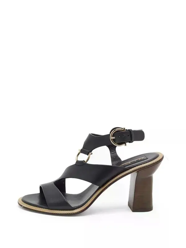 FERRAGAMO Leather Gancini Motif Buckle Strap Block Heel Sandals