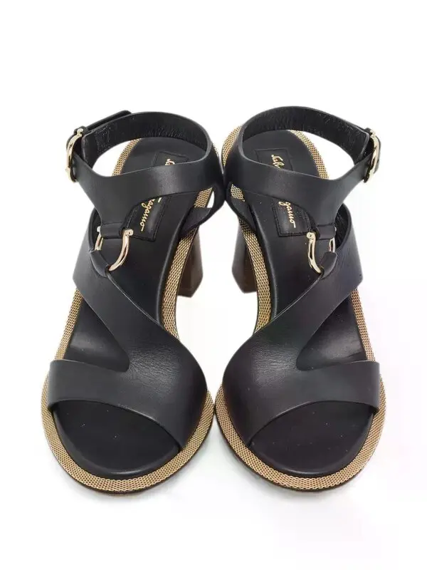 FERRAGAMO Leather Gancini Motif Buckle Strap Block Heel Sandals