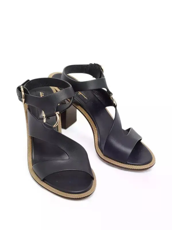FERRAGAMO Leather Gancini Motif Buckle Strap Block Heel Sandals