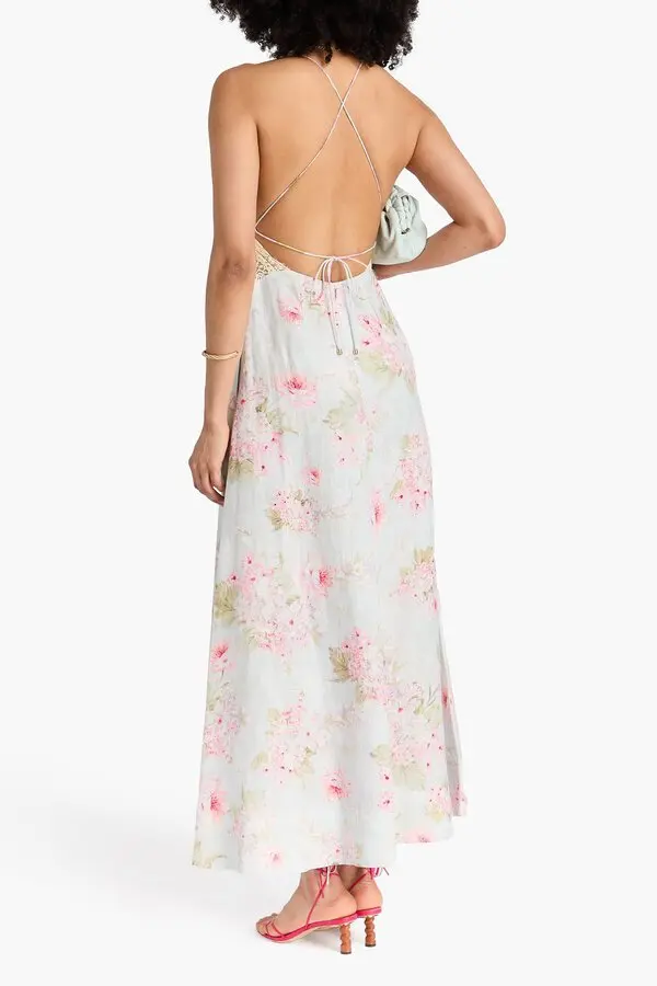 Zimmermann Floral Print Linen Maxi Dress With Lace Trims