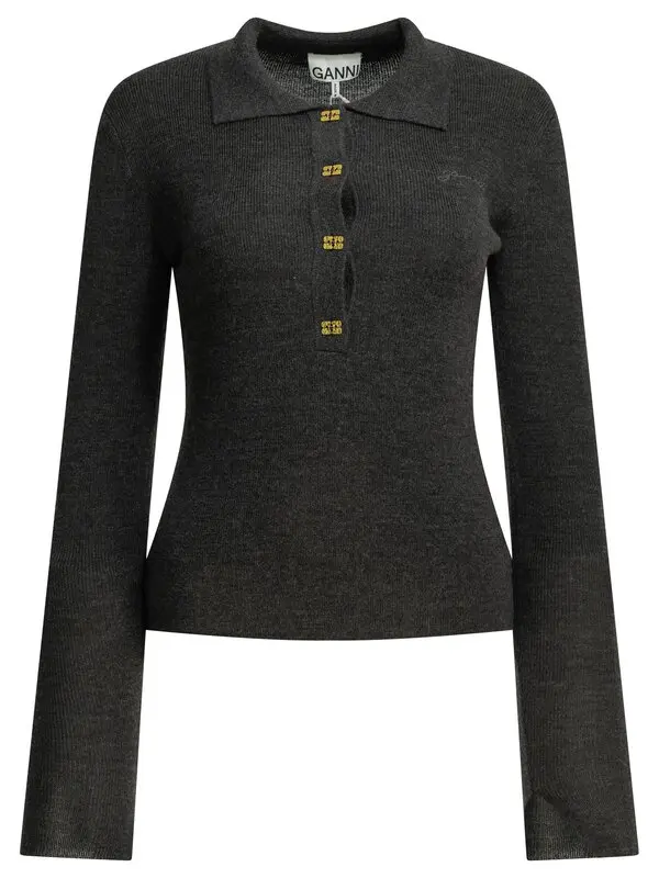 GANNI Logo Polo Sweater - Grey