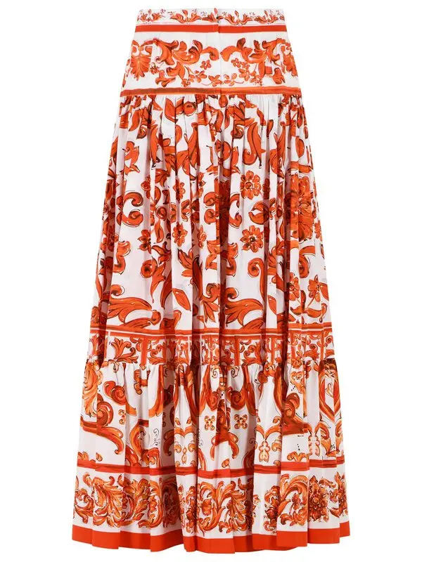 Dolce & Gabbana Majolica Print Cotton Poplin Long Skirt