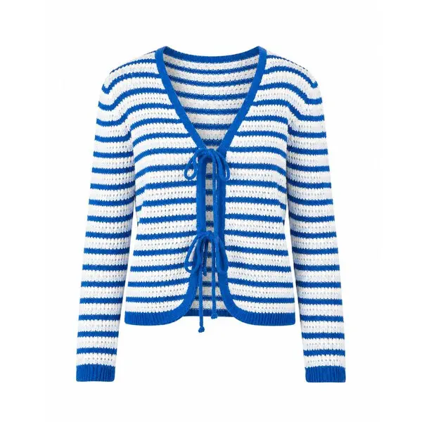 MIND TRAVELER Striped Open-knit Tie-front Cardigan - Blue