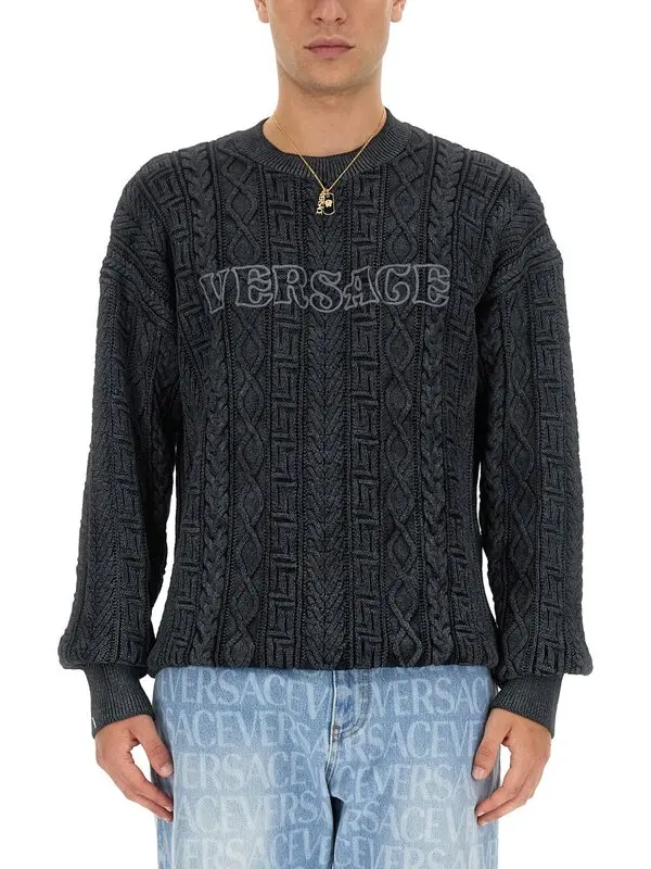 Versace Knit Sweater With Greek Braid Work - Gray