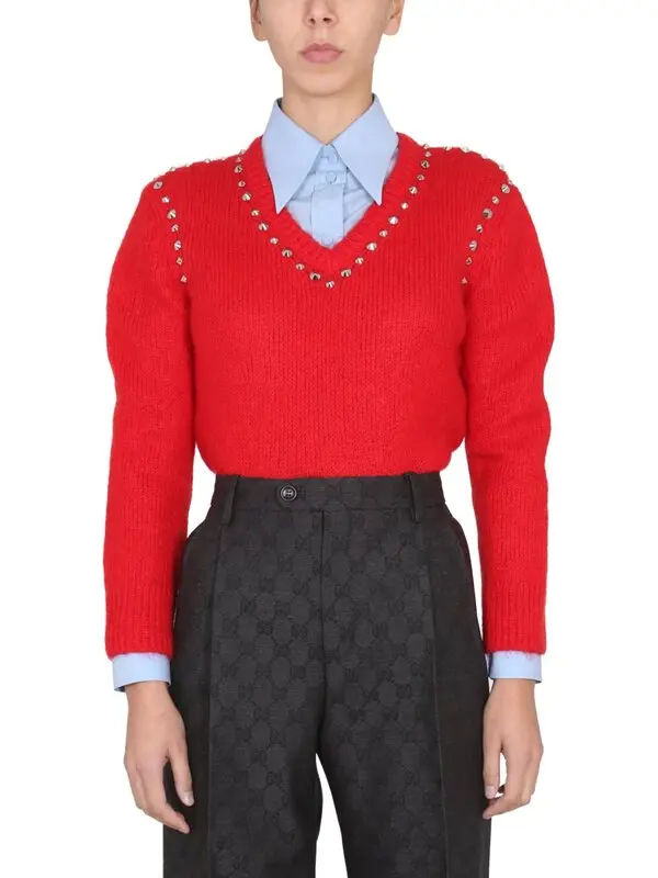Gucci Mohair V-neck Sweater With Studded Detail - Multicolor