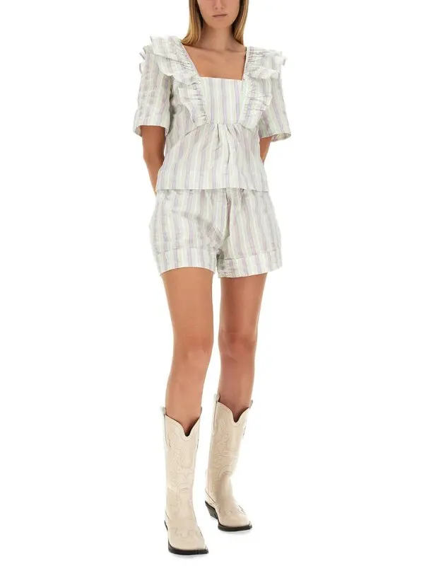 GANNI Striped Ruffle Blouse - Multicolor