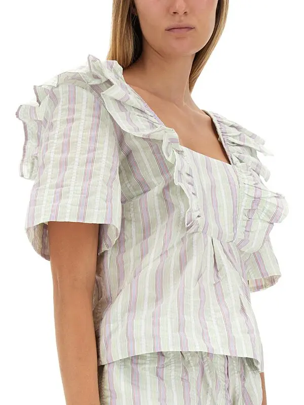 GANNI Striped Ruffle Blouse - Multicolor